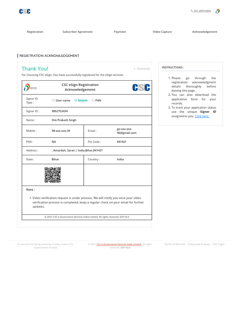 CSC eSign Registration Acknowledgement | PDF