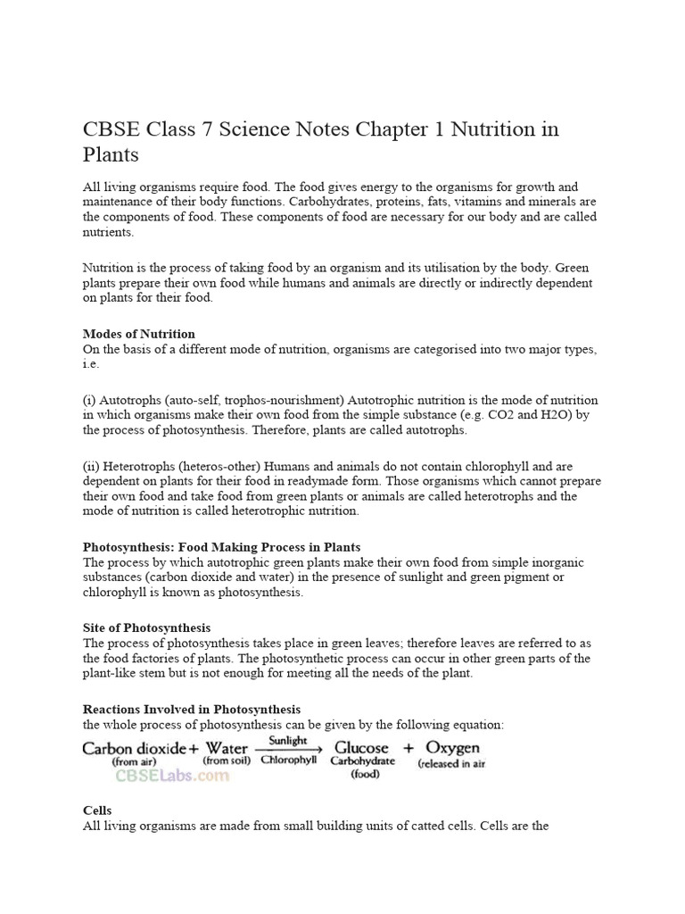 CBSE Class 7 Science Notes Chapter 1 Nutrition in Plants | PDF ...