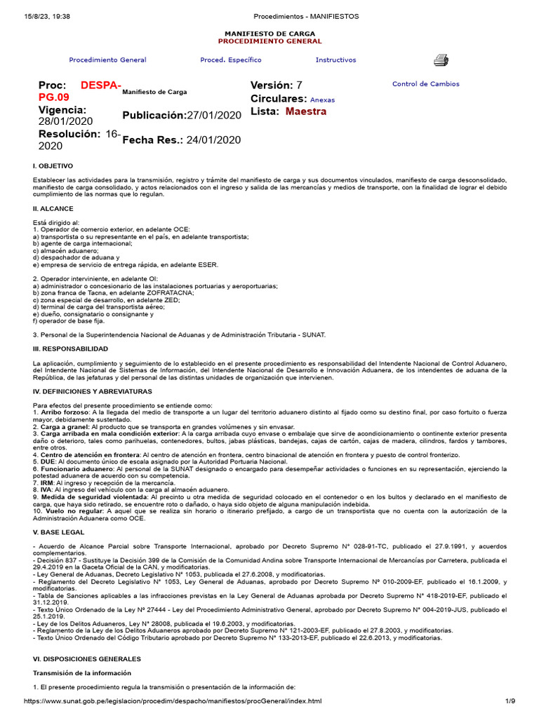 Manifiestos - Despacho - Proc. de Aduana - LEGISLACION | PDF | aduana | Transporte