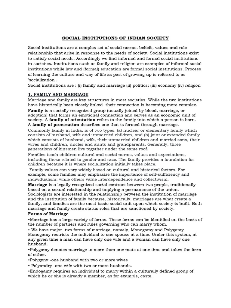 Social Institutions of Indian Society | PDF | Family | Marriage