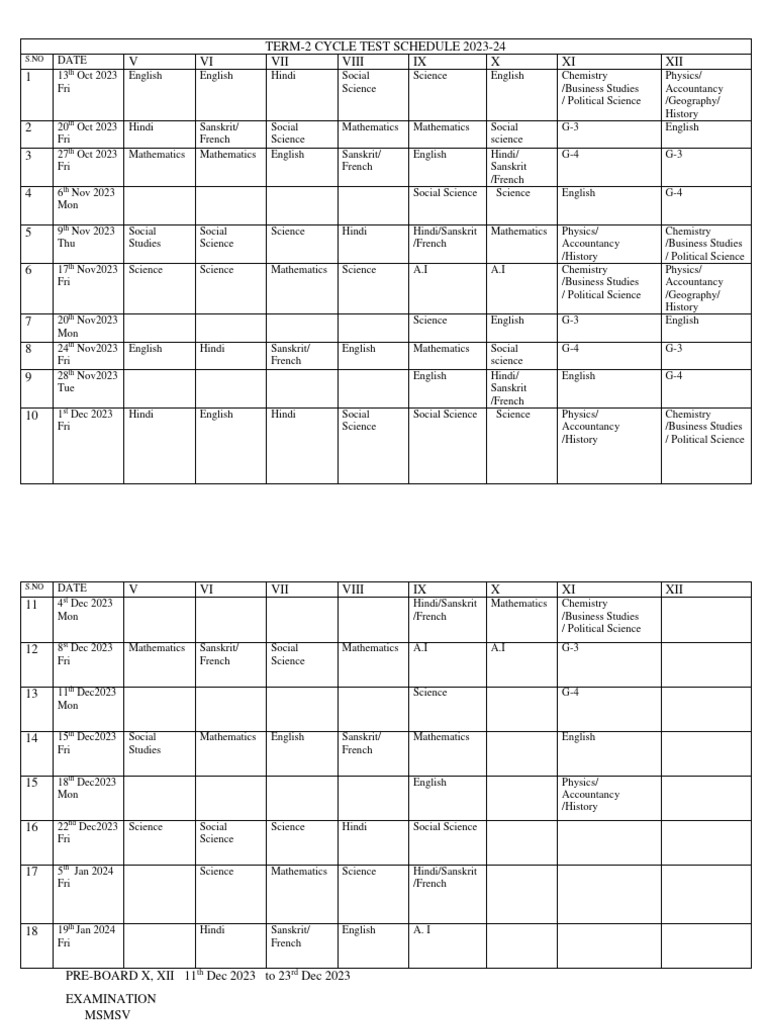 Term 2 Test Schedule 2023-24 | PDF | Observation | Science