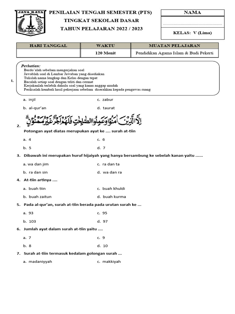 Soal Pts Pai Kelas 5 Dan Kunci Jawaban | PDF