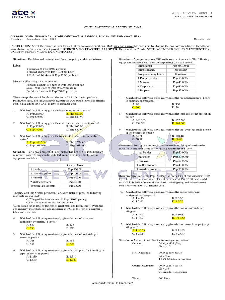 CE Module 15 - Quantity Surveying (Answer Key) | PDF | Concrete ...