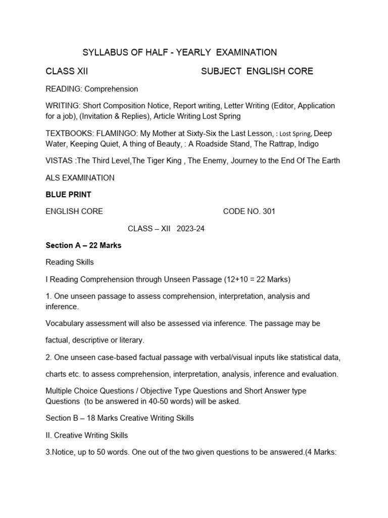 Syllabus and Blueprint Class Xii English | PDF | Reading Comprehension ...