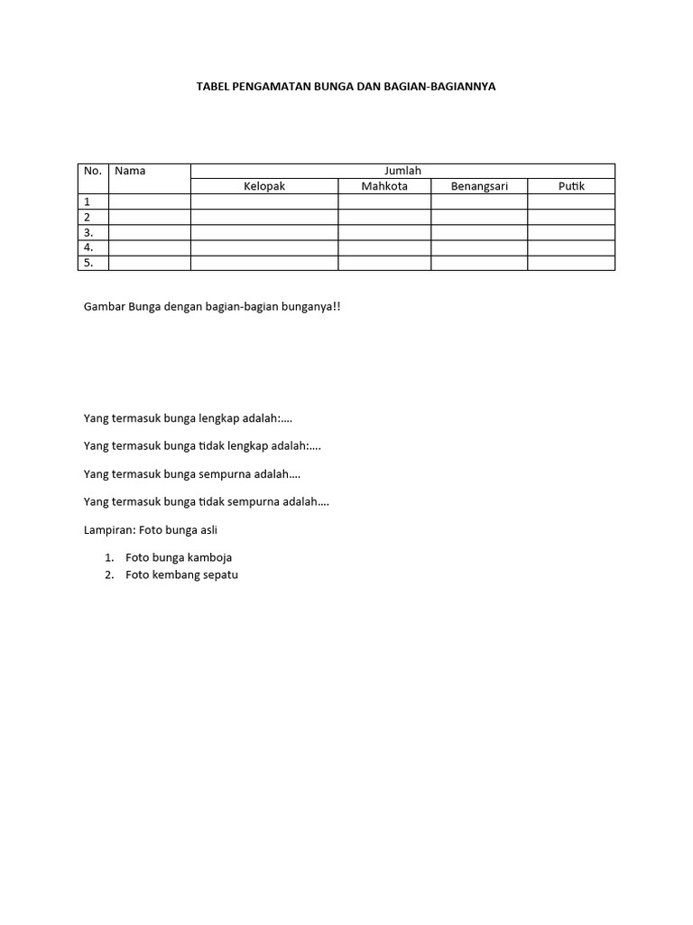 Tabel Pengamatan Bunga Dan Bagian | PDF
