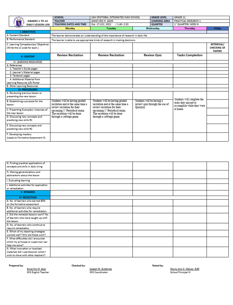 2022-2023 PR1 DLL Week 9 | PDF | Learning | Teachers