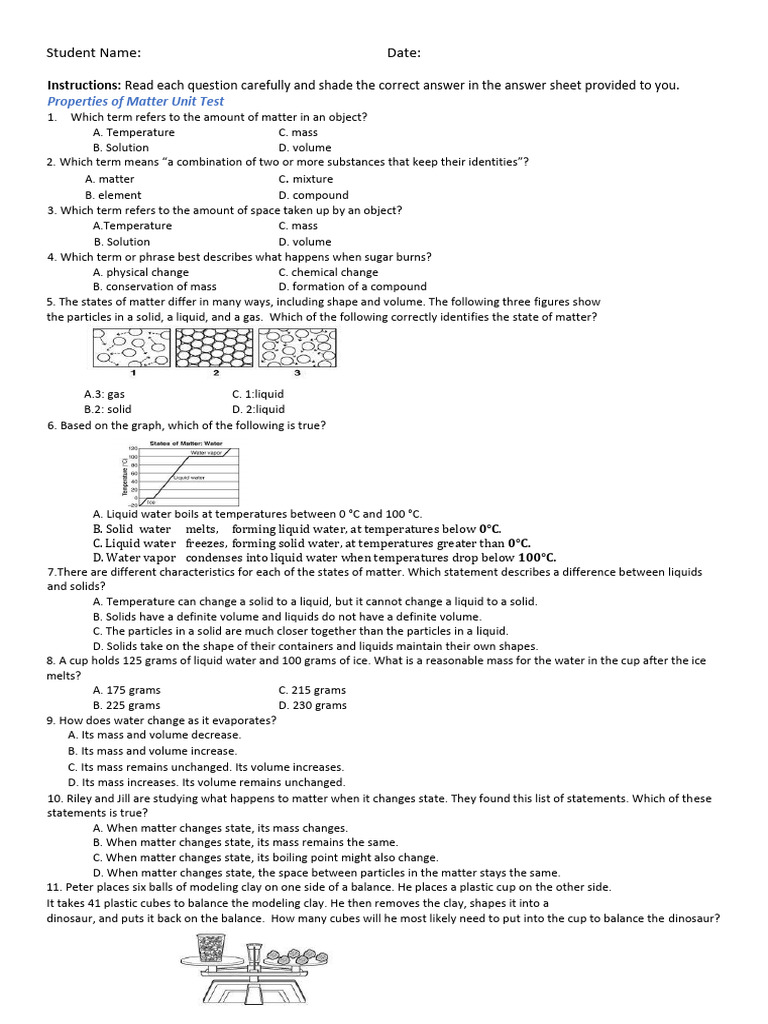 Properties of Matter Unit Test | PDF | Liquids | Water