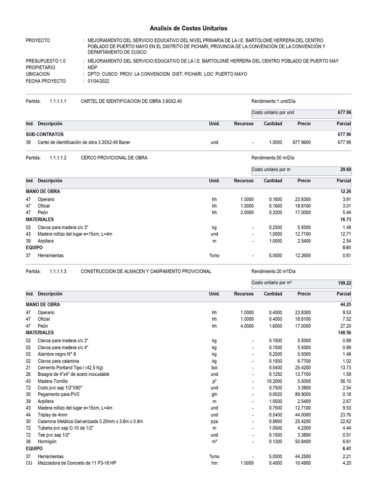 ANALSIS DE COSTOS UNITARIOS | PDF | Hormigón | Construyendo tecnología