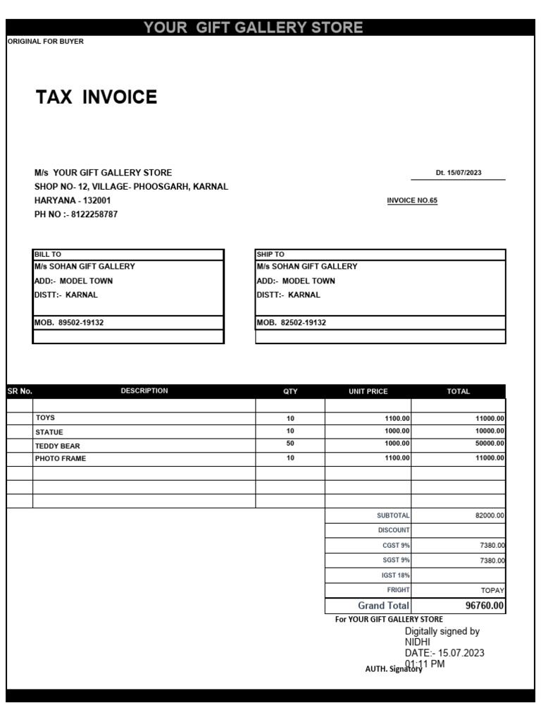Invoice for Your Gift Gallery Store | PDF