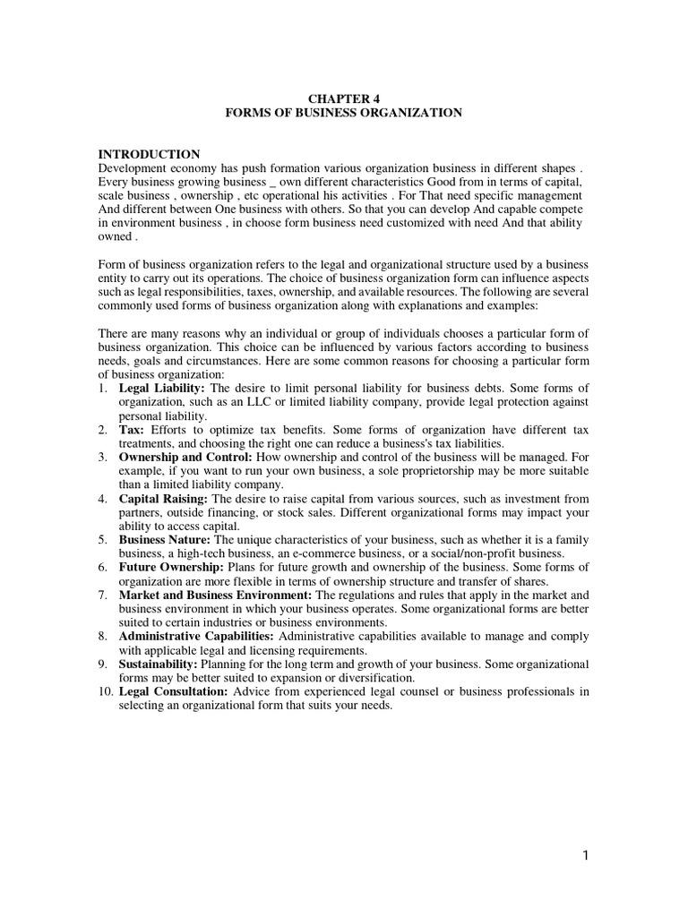Chapter 4 Forms of Business Organization. | PDF | Partnership | Sole ...