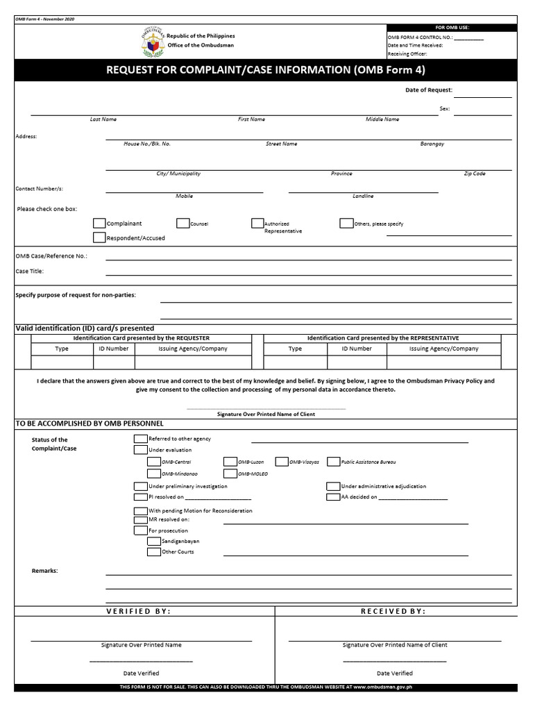 OMB Form 4 - Request For Complaint-Case Information Form Revised | PDF | Identity Document ...