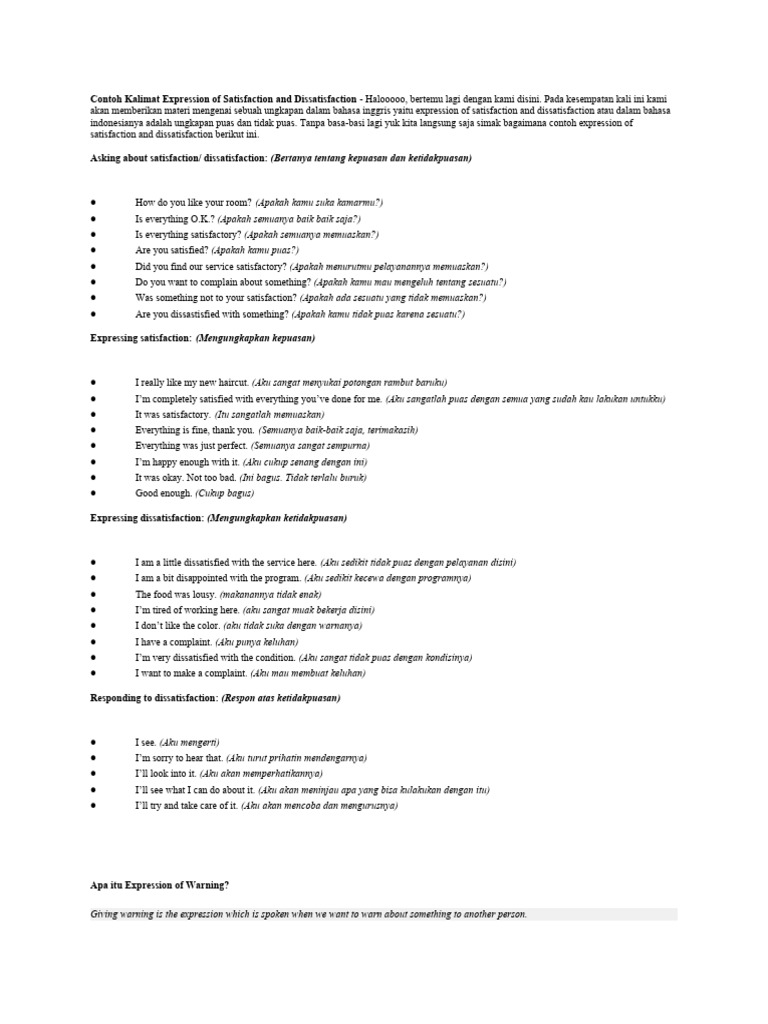 Contoh Kalimat Expression of Satisfaction and Dissatisfaction | PDF