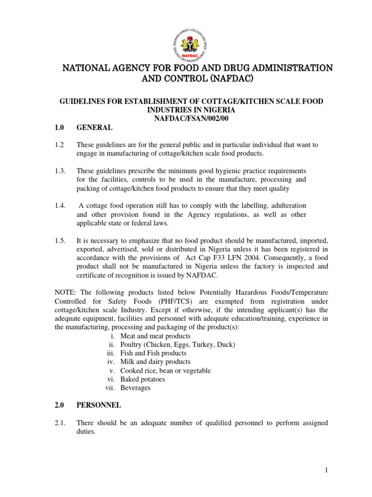 Guidelines For Establishment of Cottage and Kitchen Scale Food Industries X | PDF | Sanitation ...