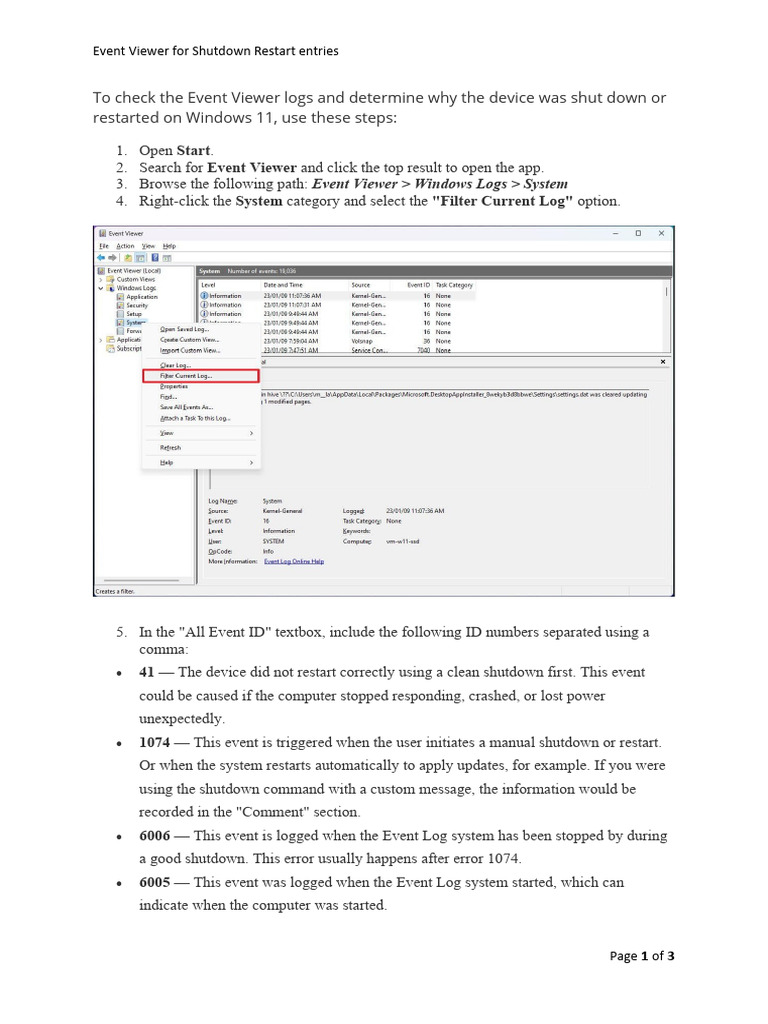 Windows Event Viewer To View Shutdown Restart Entries | PDF