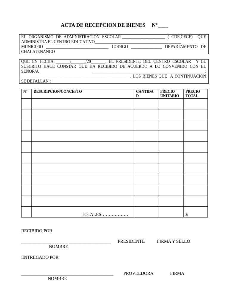 Acta de Recepcion de Bienes | PDF Acta de Recepcion de Bienes | PDF