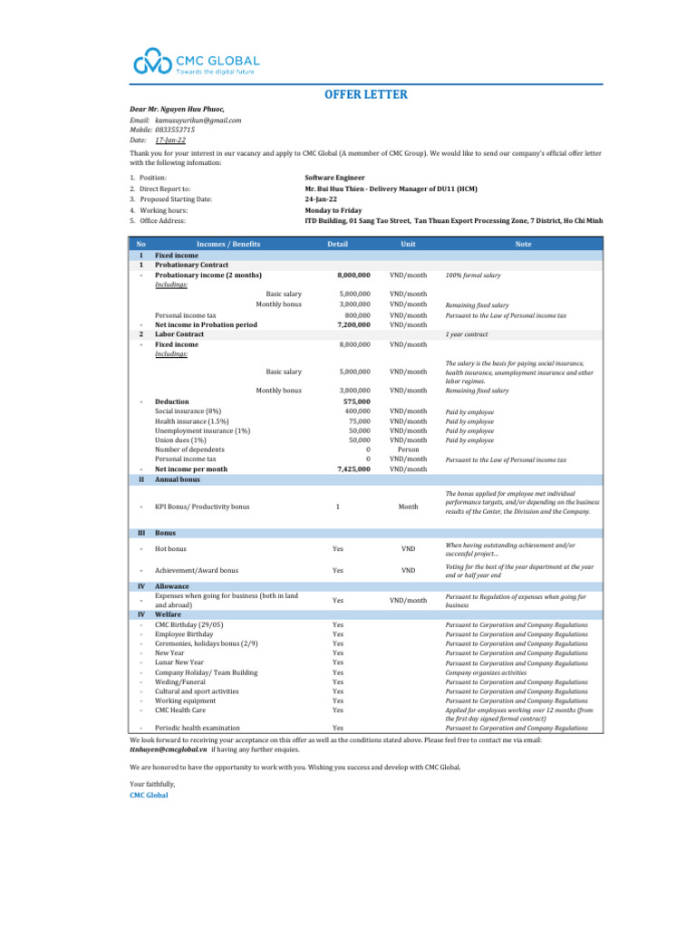 CMC Global - Offer Letter - Mr. Nguyen Huu Phuoc - 170122 | PDF ...