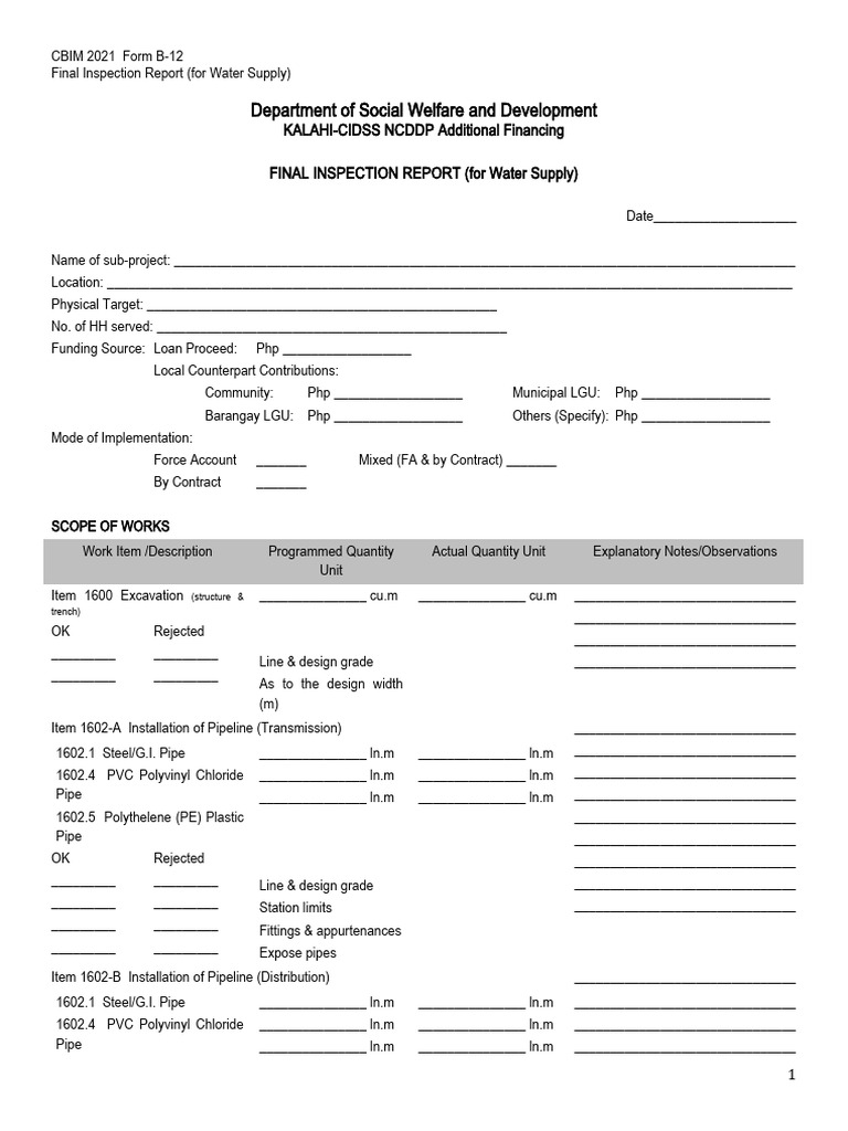 Water Supply Final Inspection Report | PDF | Pipe (Fluid Conveyance ...