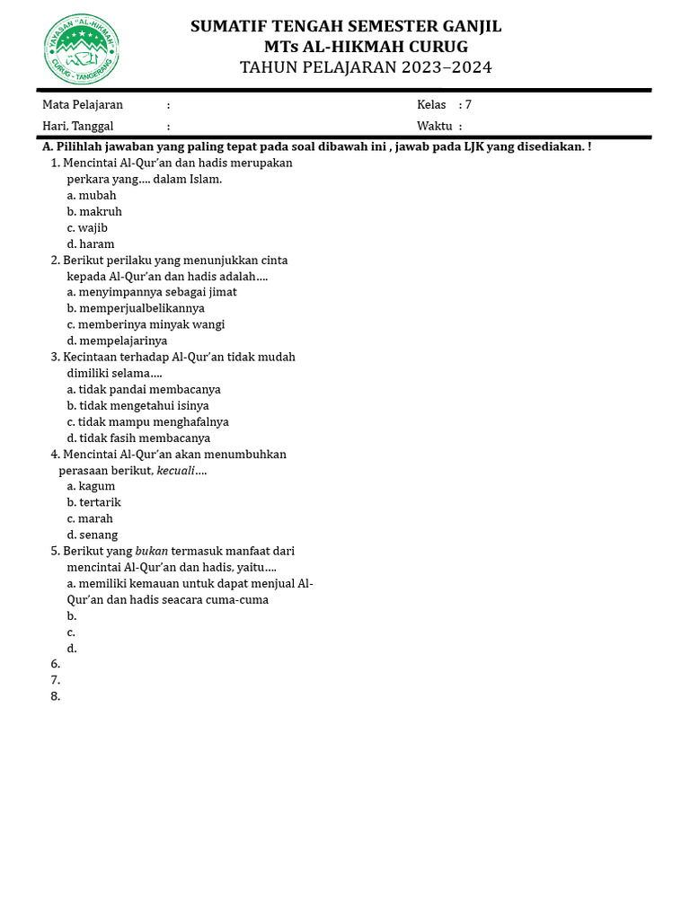 FORMAT KOP SOAL SUMATIF TENGAH SEMESTER GANJIL Kls 7 | PDF