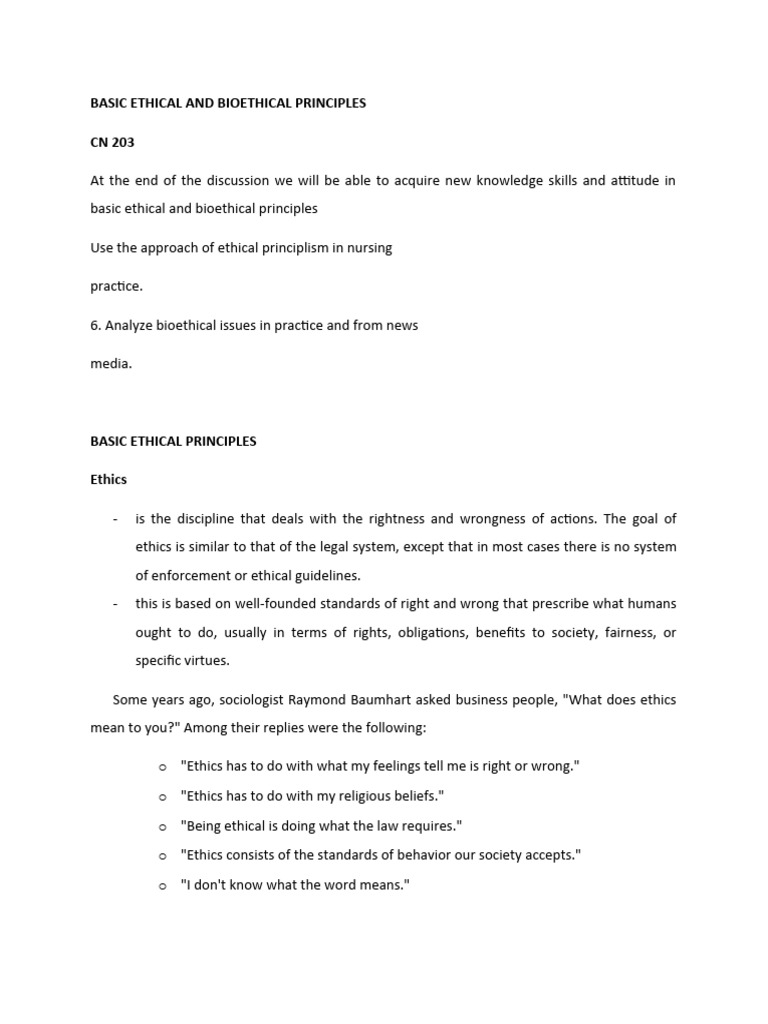 Basic Ethical and Bioethical Principles | PDF