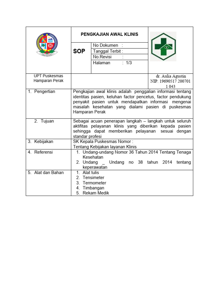 3.2.1 Ep. 3 Sop Pengkajian Awal Klinis | PDF