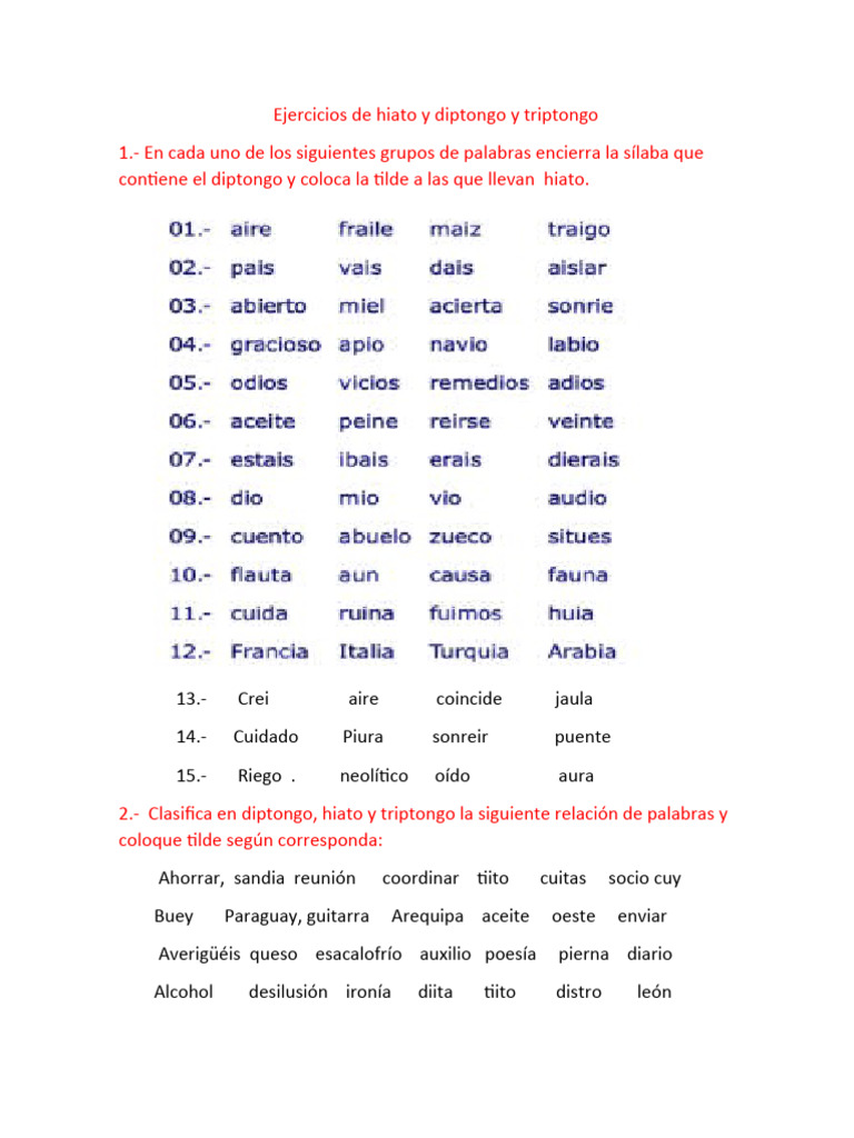 Ejercicios De Diptongo Hiato Y Triptongo