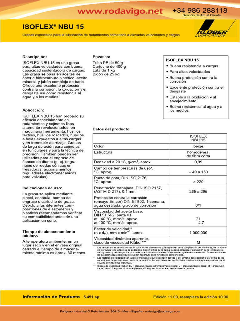 Grasa ISOFLEX NBU 15: Uso y Datos | PDF | Rodamiento (Mecánico) | Agua