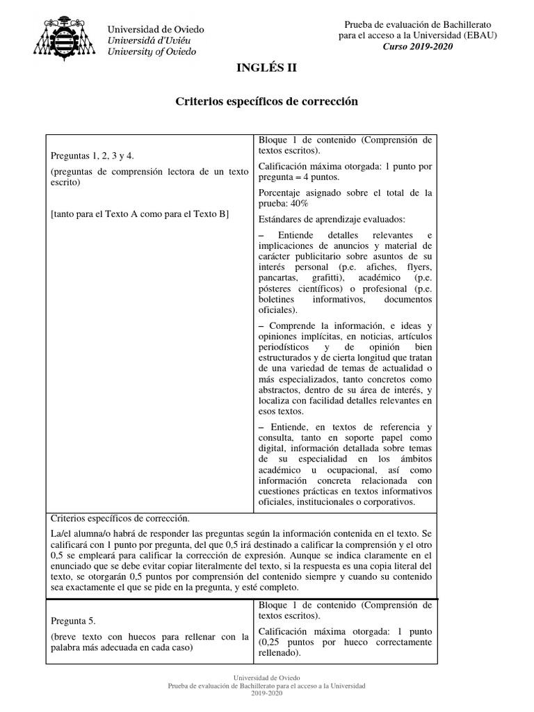 Criterios de Corrección de Inglés Ebau 2023 | PDF