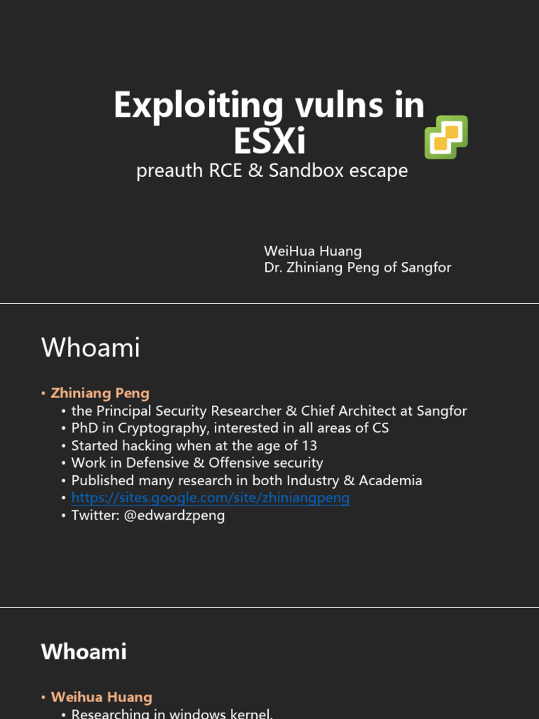 Exploiting Vulnerbilities in ESXi - Preauth RCE and Sandbox Escape. | PDF | Virtual Machine ...