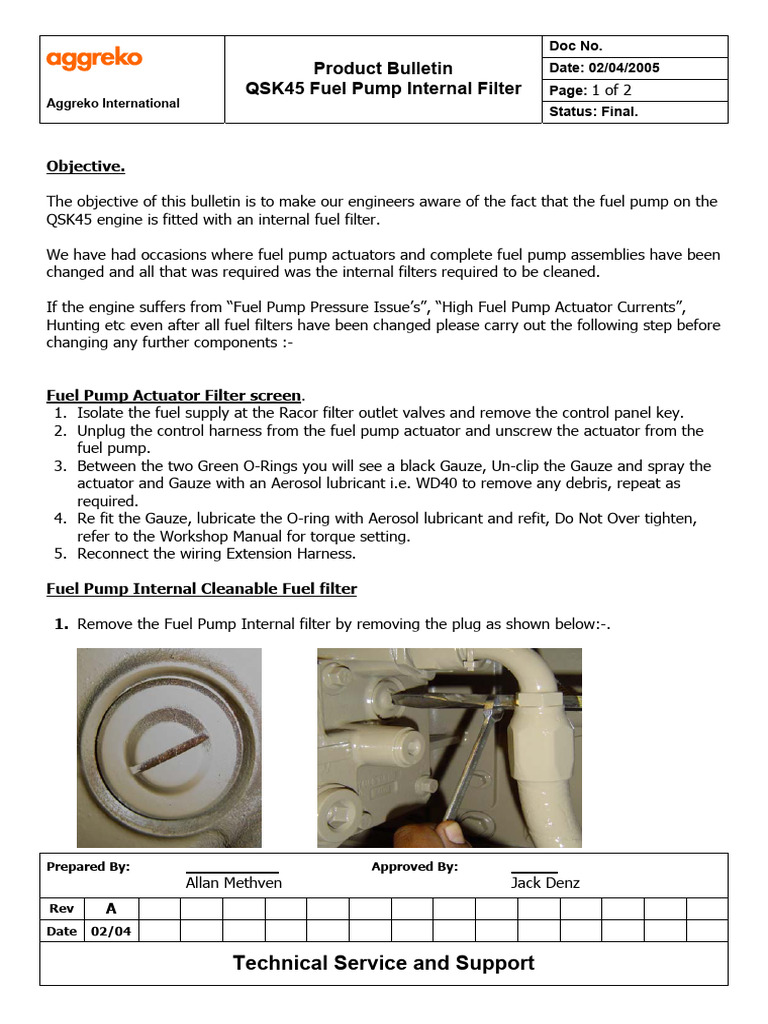 Qsk45 Fuel Pump Internal Filter Product Bulletin | PDF | Pump | Valve