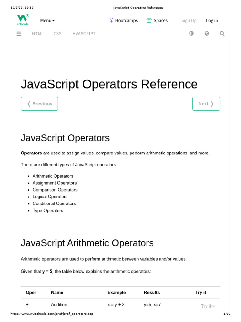 JavaScript Operators Reference | PDF | Java Script | Computer Programming