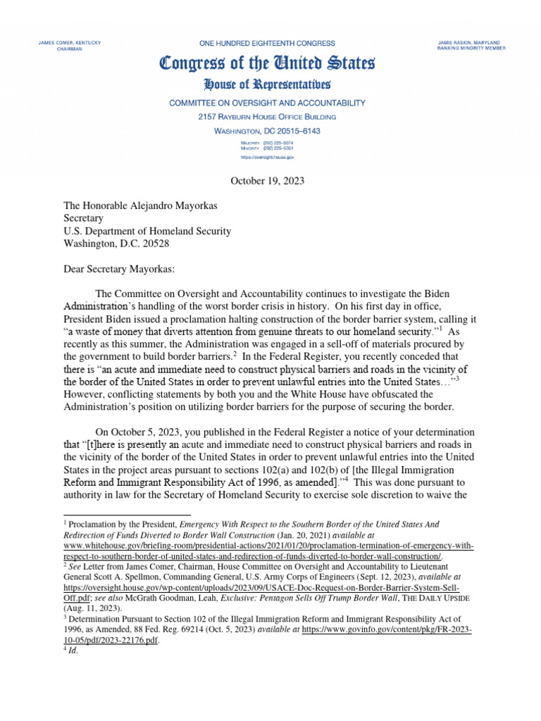 Oversight Letter to DHS on Border Wall | PDF