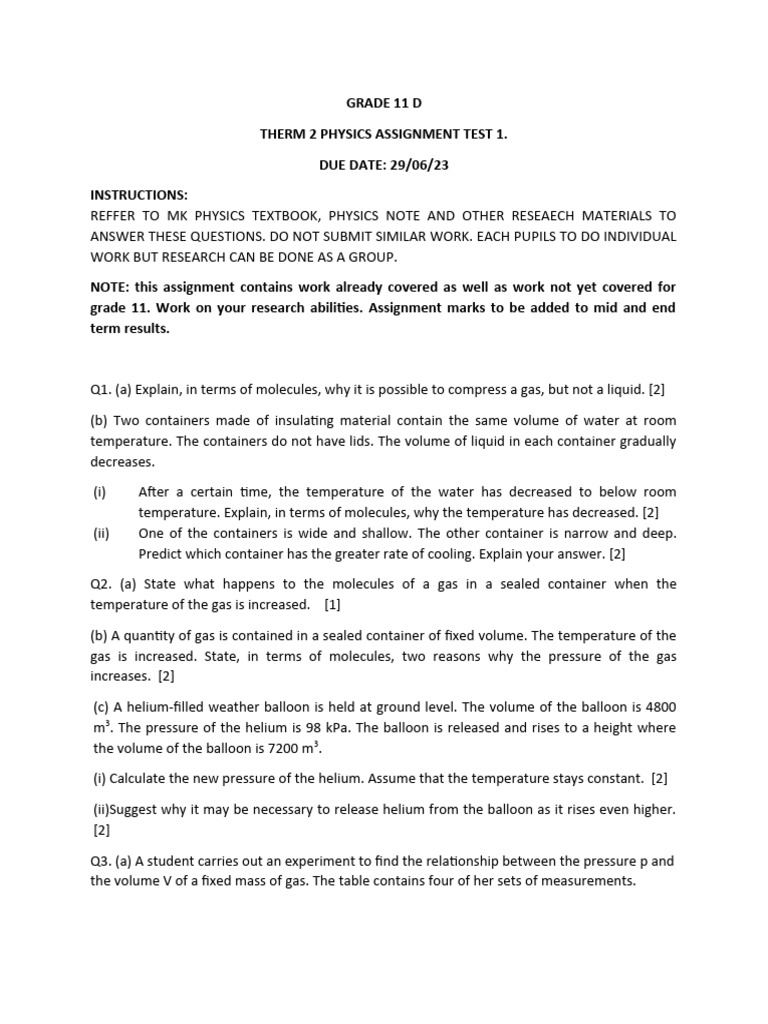 GRADE 11 D Assignment | PDF | Gases | Heat