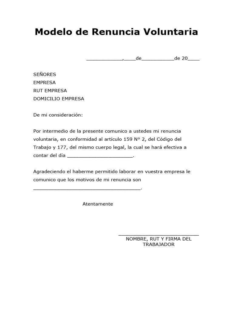 Modelo Carta de Renuncia Voluntaria Word | PDF