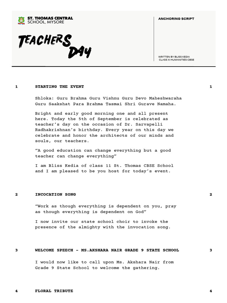 Teacher's Day Anchoring Script | PDF