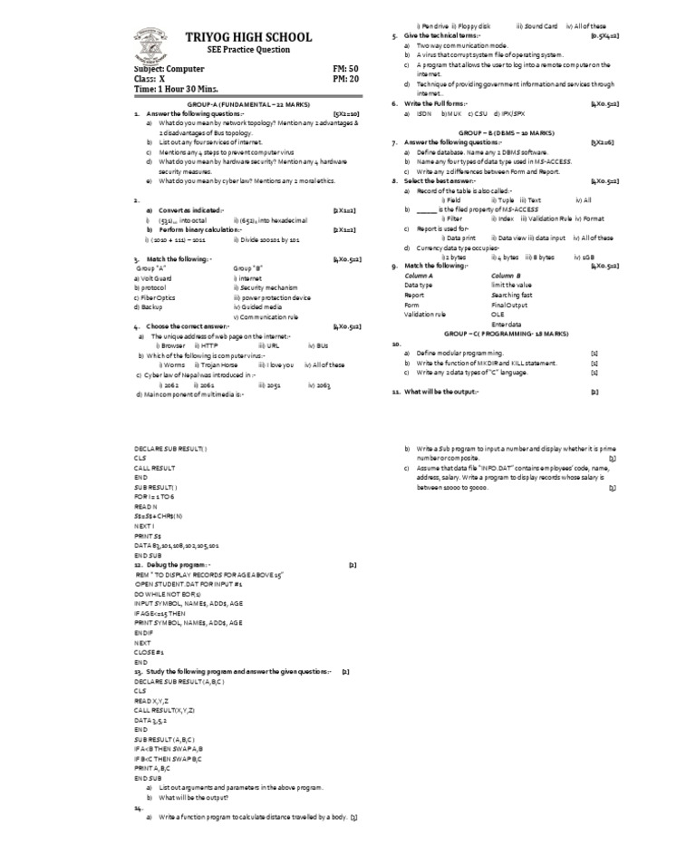 Class 10 Computer Set A | PDF | Databases | Internet
