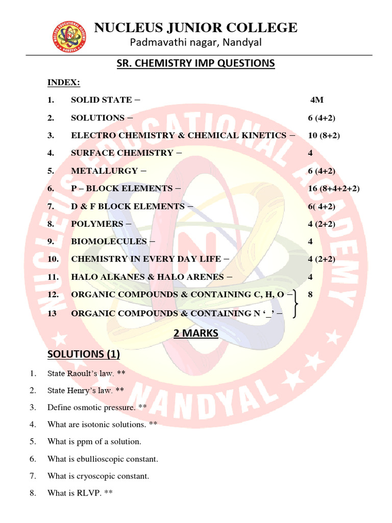 Sr. Chemistry Imp Questions | PDF | Chemical Reactions | Chlorine