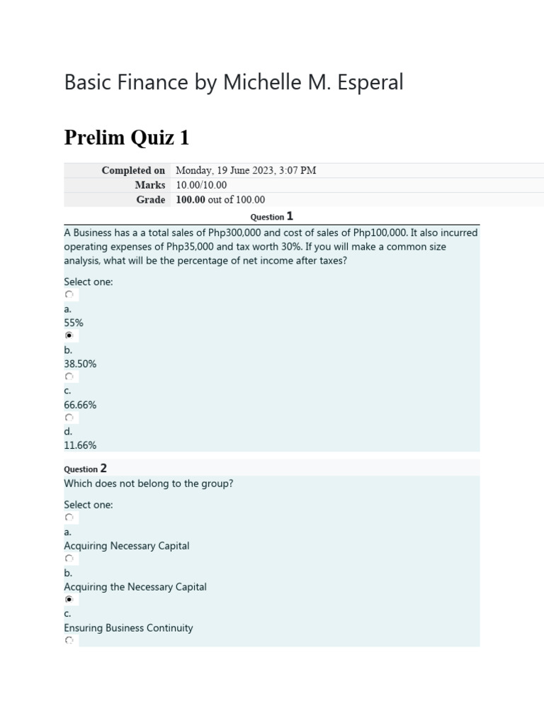 Basic Finance Prelim Q1 | PDF | Balance Sheet | Equity (Finance)