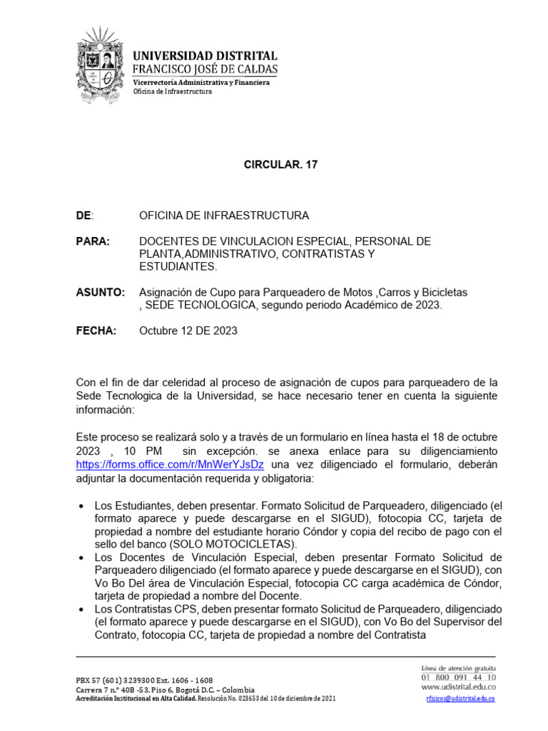 Circular - 17 Asignación de Parqueadero | PDF