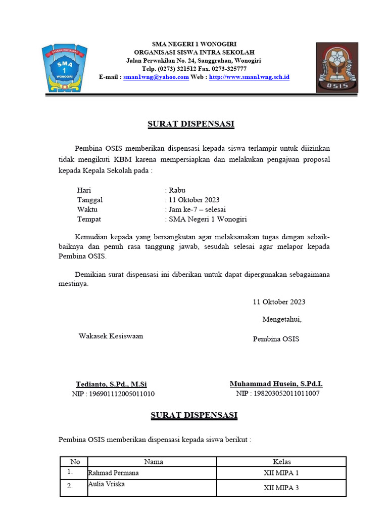 Surat Dispensasi PH OSIS MPK | PDF