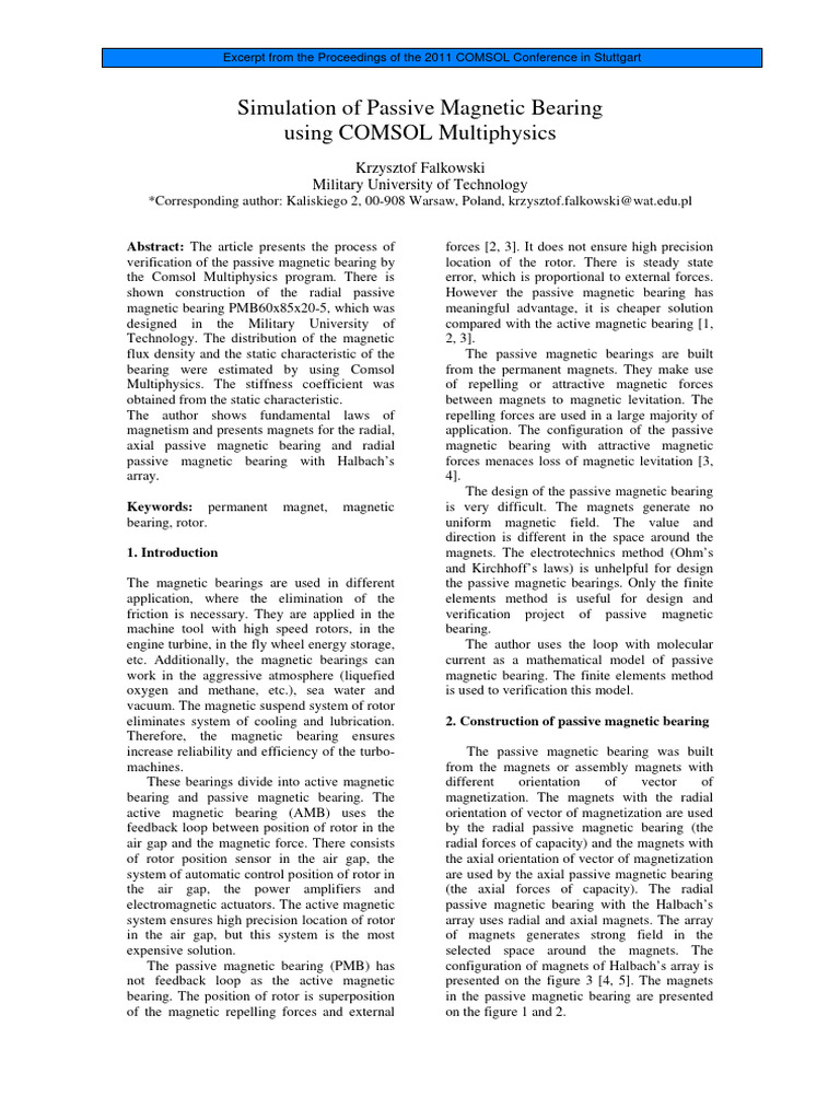 Simulation Of Passive Magnetic Bearing Using Comsol Multiphysics Pdf