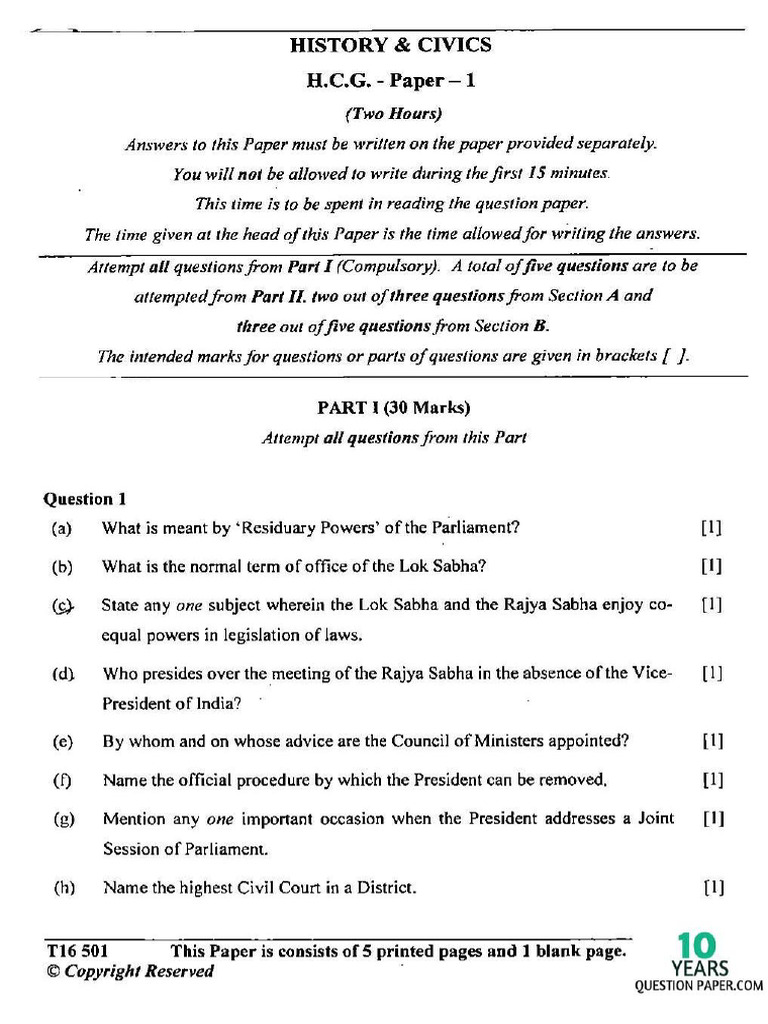 Icse 2016 History Civics Class 10 | PDF