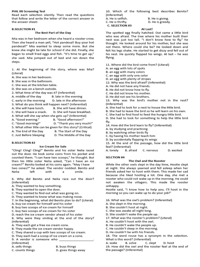 PHIL IRI Senior High Screening Test | PDF