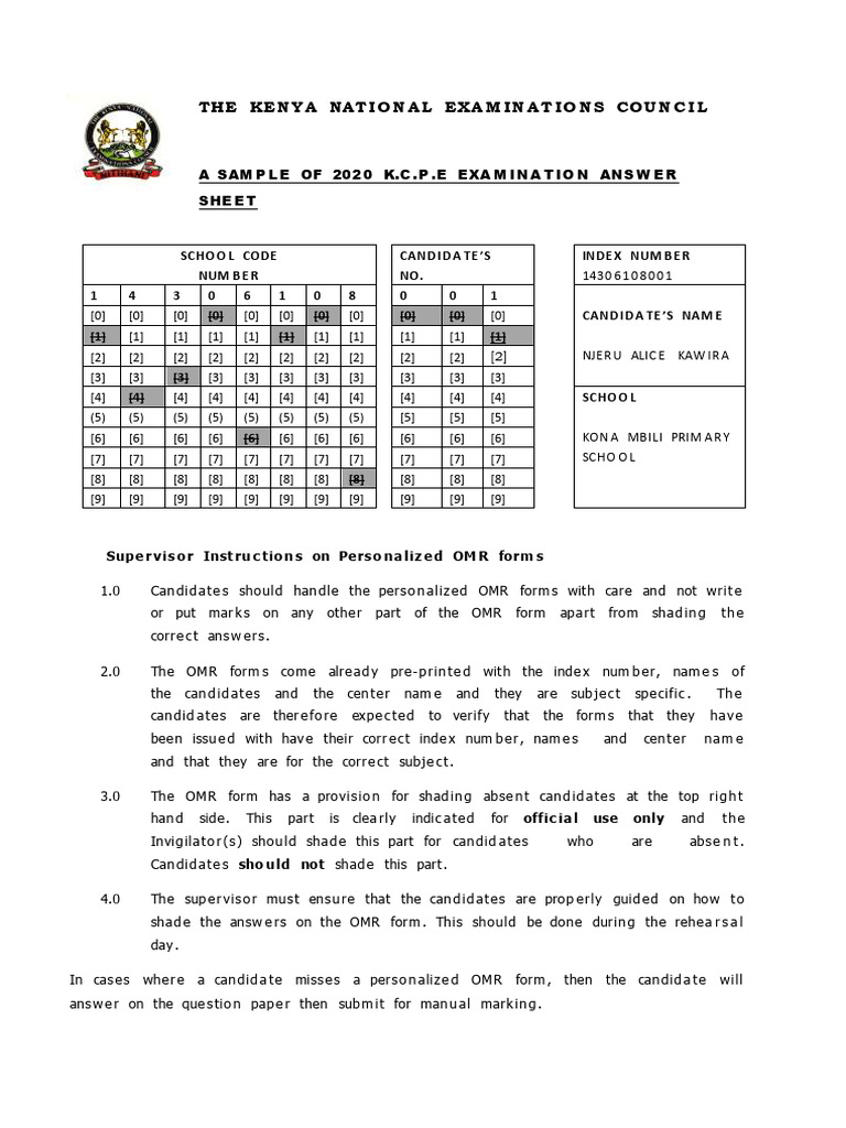 Sample of 2020 Kcpe Answer Sheet | PDF