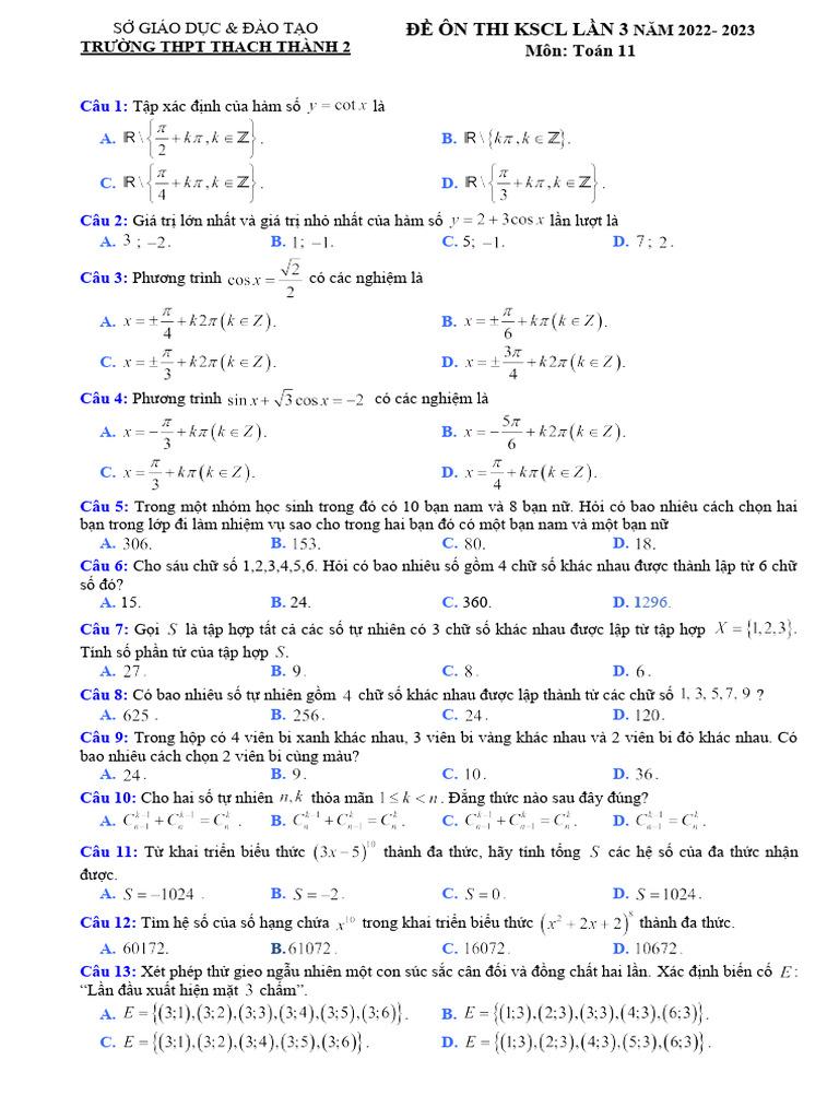 On Thi KSCL Lan 3 Khoi 11 2023 | PDF