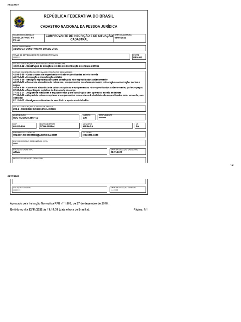 CNPJ Filial Maraba PA - Abengoa | PDF CNPJ Filial Maraba PA - Abengoa | PDF