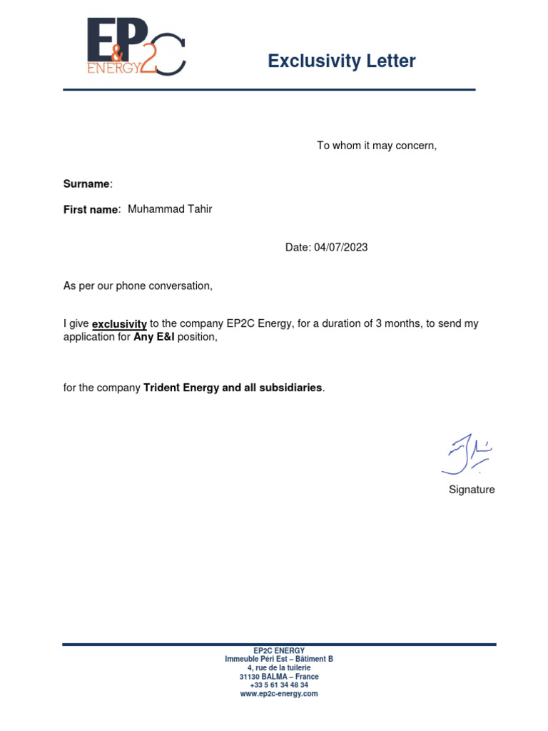 Exclusivity Letter - E&I Trident | PDF