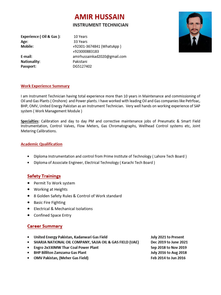 Amir Hussain Resume Instrument Tech | PDF | Instrumentation | Calibration
