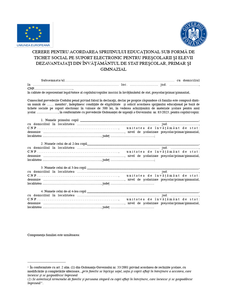 Model Cerere Tichete Sociale | PDF