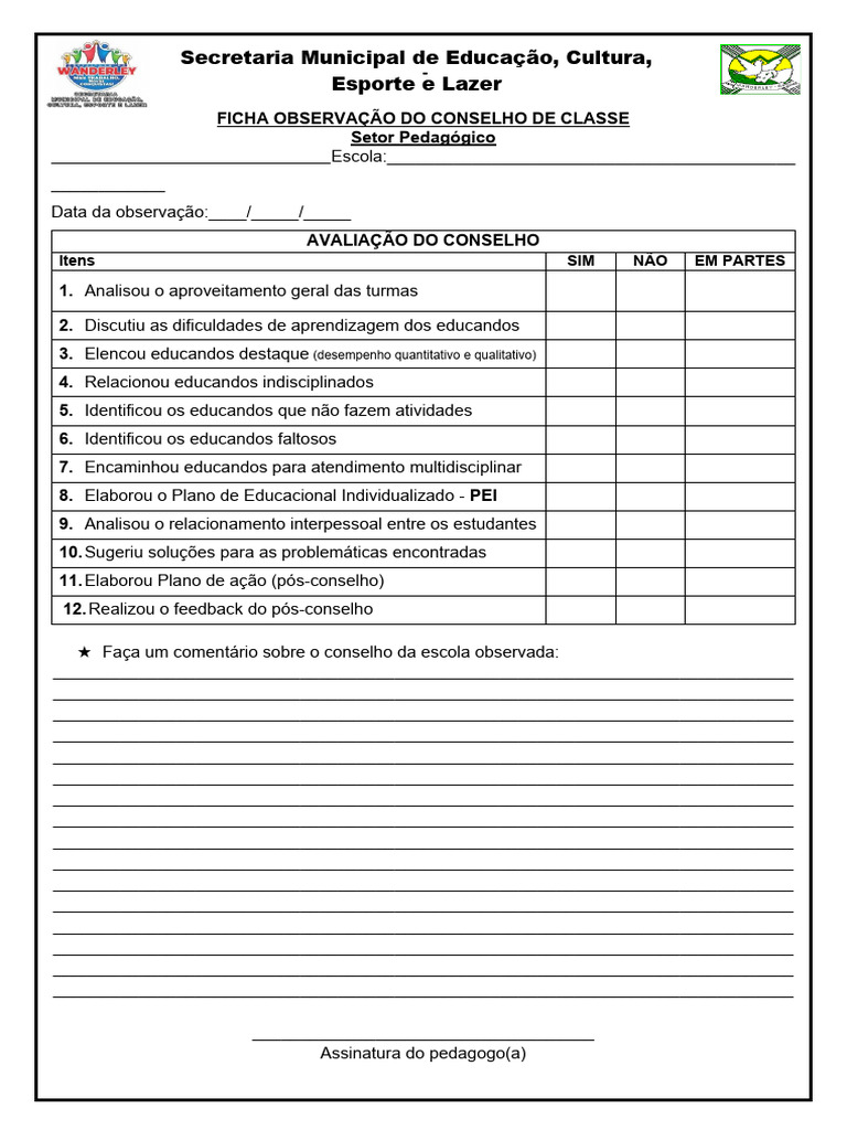 Ficha de Avaliação do Conselho de Classe | PDF | Pedagogia | Aprendizado