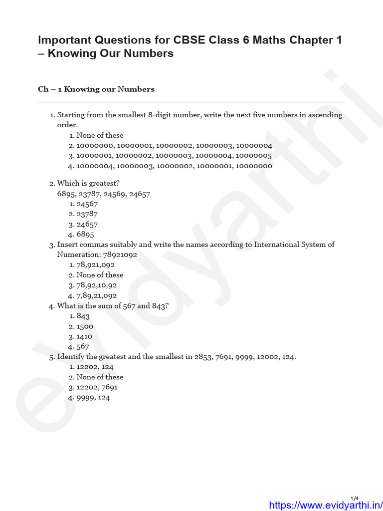 Important Question For Cbse Class 6 Maths Chapter 1 Knowing Our Numbers ...